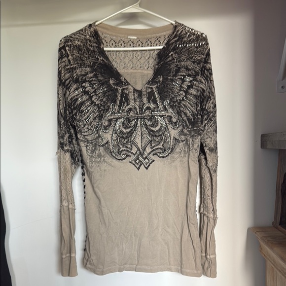 Affliction | Tops | Affliction Multicolored Graphic Fitted Blouse ...